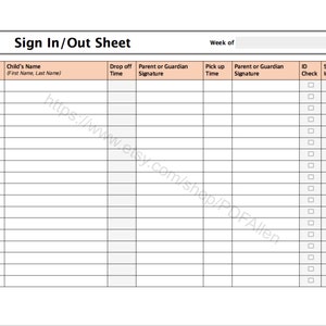 Editable Daycare Sign In/out Sheet. Daycare Early Pick-up Sheet ...