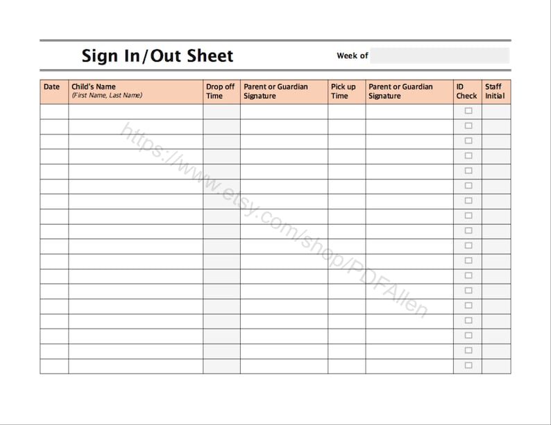Editable Daycare Sign In/out Sheet. Daycare Early Pick-up Sheet ...