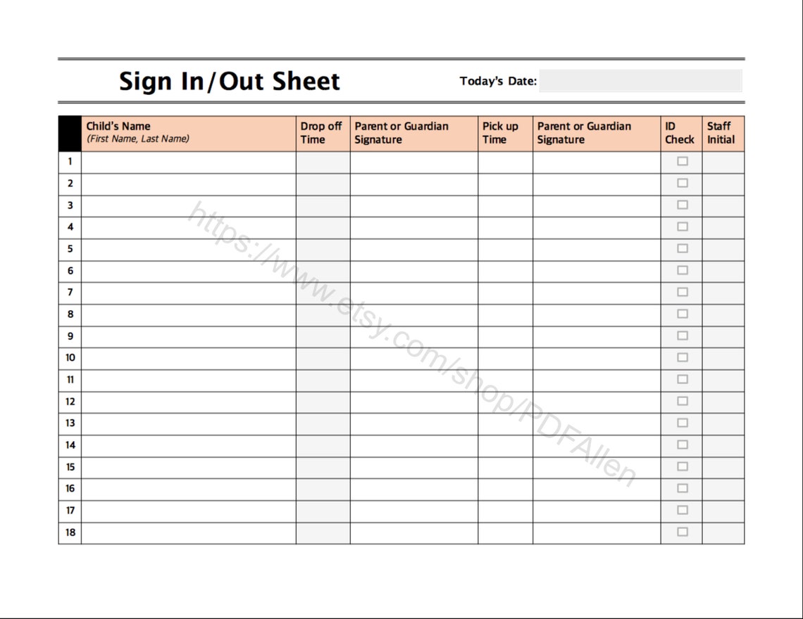 Editable Daycare Sign In/out Sheet. Daycare Early Pick-up Sheet ...