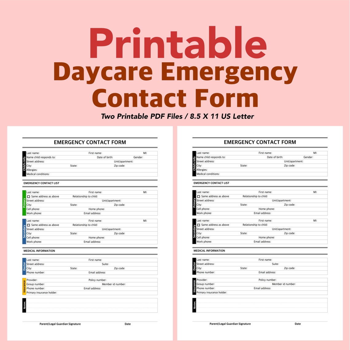 Daycare Emergency Contact List. Emergency Contact Form. Printable PDF ...