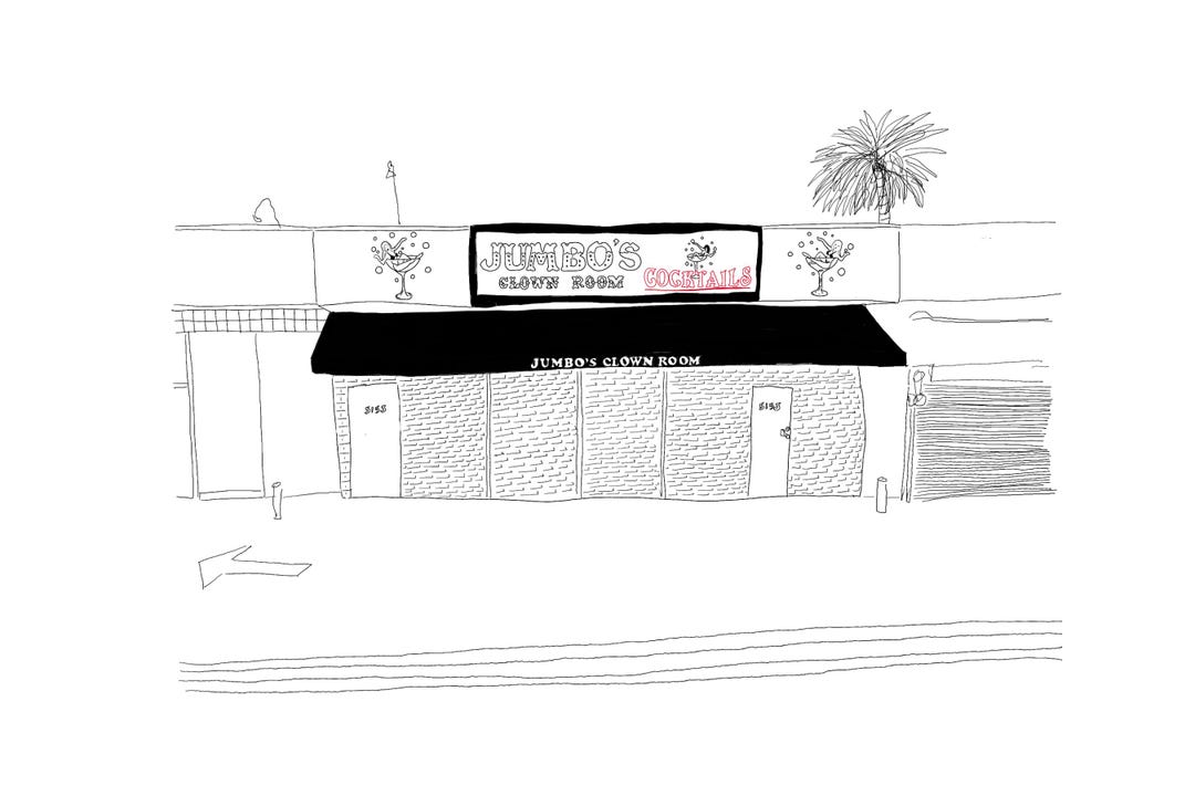 Hand-drawn Line Art of Jumbo's Clown Room in Los Angeles, CA (open ...