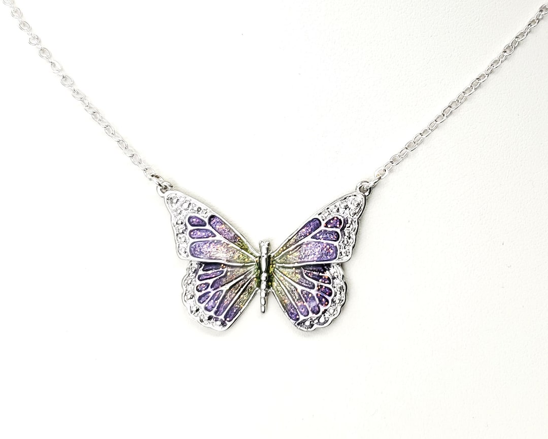 Purple Sparkle Butterfly Necklace, Purple and Green Butterfly Pendant ...