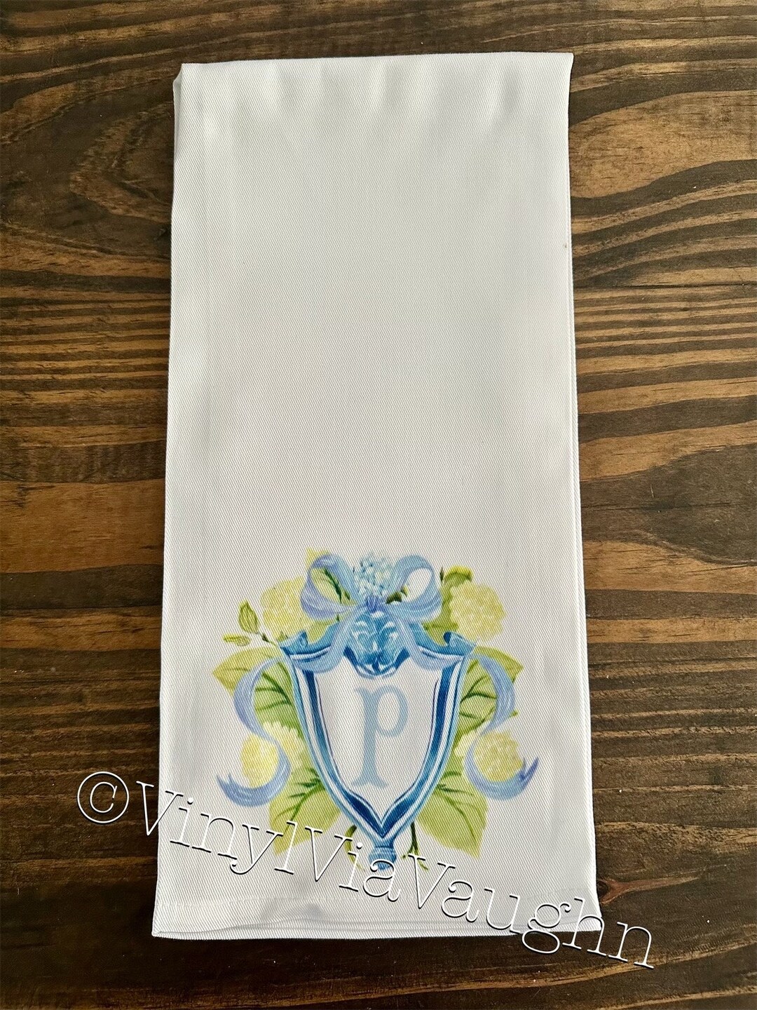 Preppy Blue and White Crest Floral Monogram Decorative Kitchen Towel - Etsy