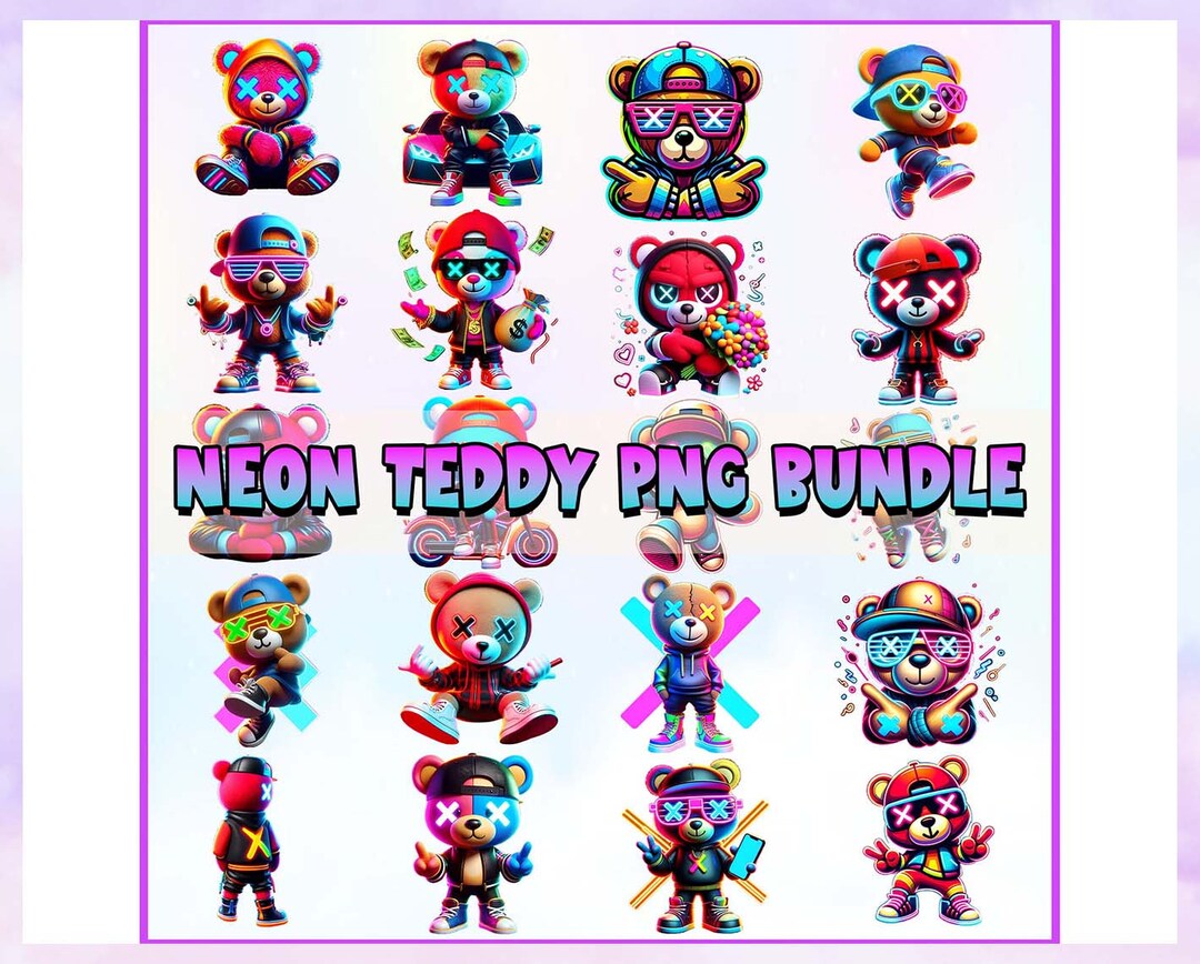 Neon Teddy Bear Png Bundle, Colorful Urban Design Streetwear Png ...