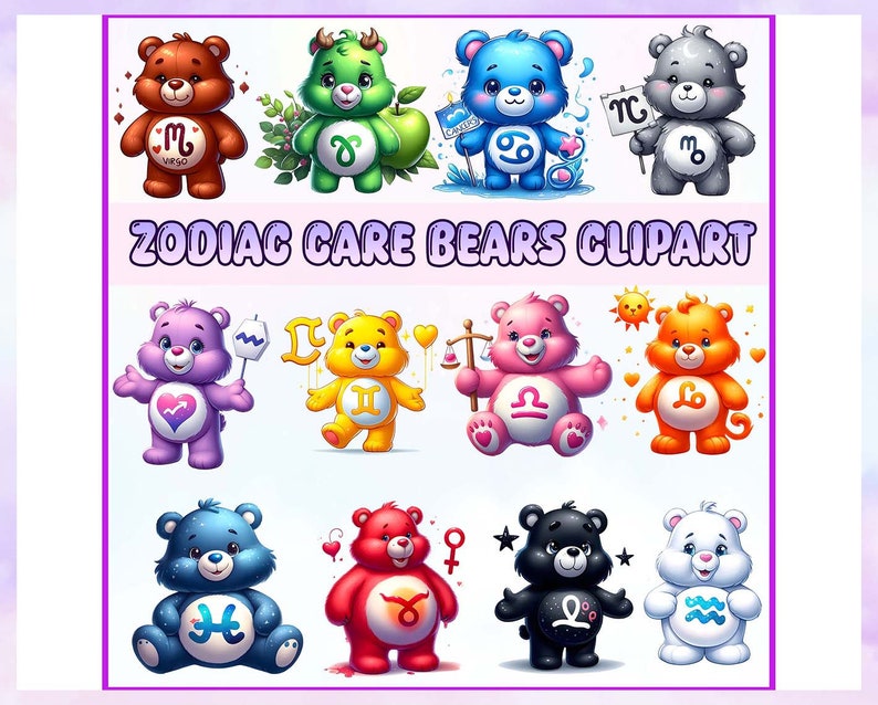 Zodiac Care Bears Clipart PNG Care Bears Digital Graphic Image Colorful ...