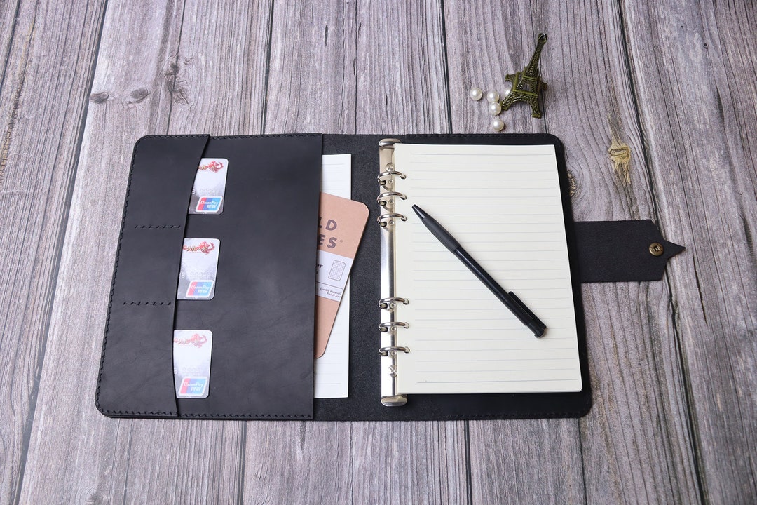Personalized Leather 6 Rings Notebook Cover With Pen Pouch , Size A5 