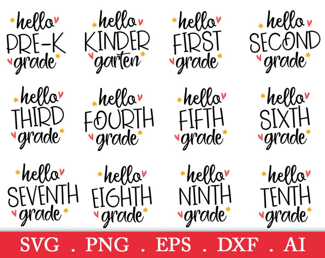 Hello Grade Bundle Svg, Hello First Grade Svg, Hello Kindergarten Svg ...