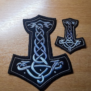 LARGE Silver Fade Mjolnir Iron on Embroidered Patch Viking Norse ...