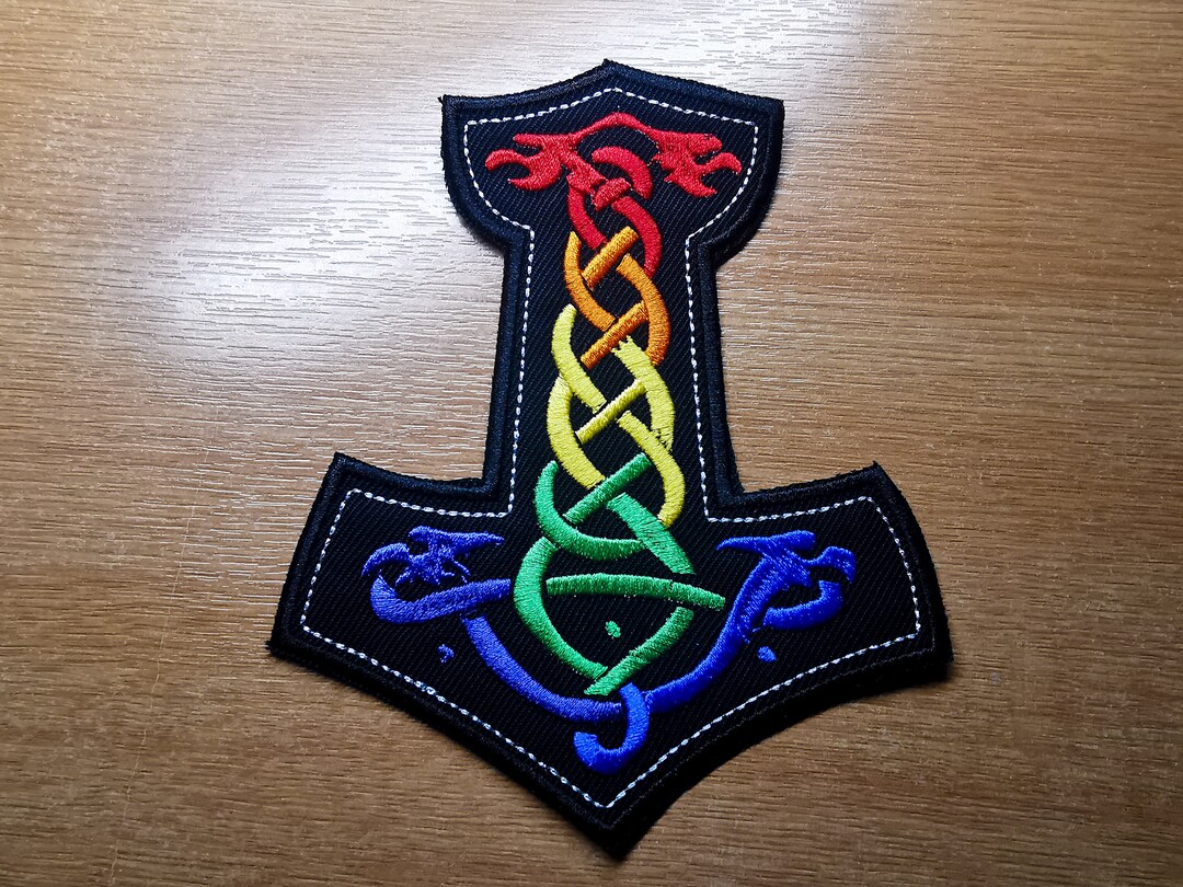 LARGE Rainbow Mjolnir Iron on Embroidered Patch Viking Norse Mythology ...