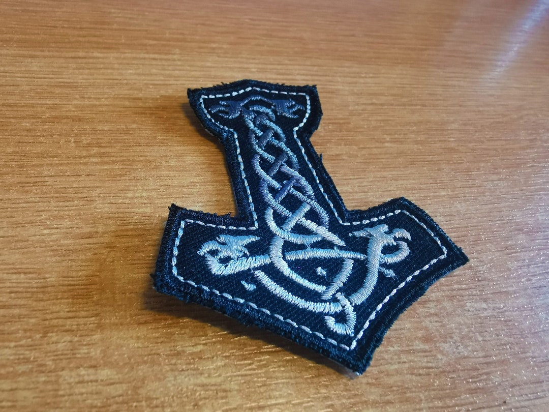 Silver Fade Mjolnir Iron on Embroidered Patch Viking Norse Mythology ...