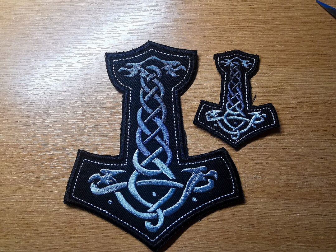 LARGE Silver Fade Mjolnir Iron on Embroidered Patch Viking Norse ...