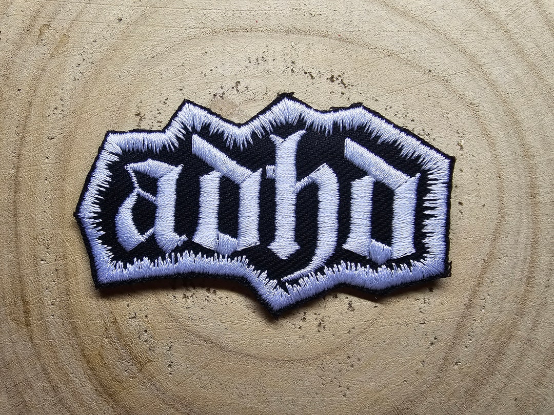 ADHD Metal Style Iron on Embroidered Patch Neurodiversity ND Black ...