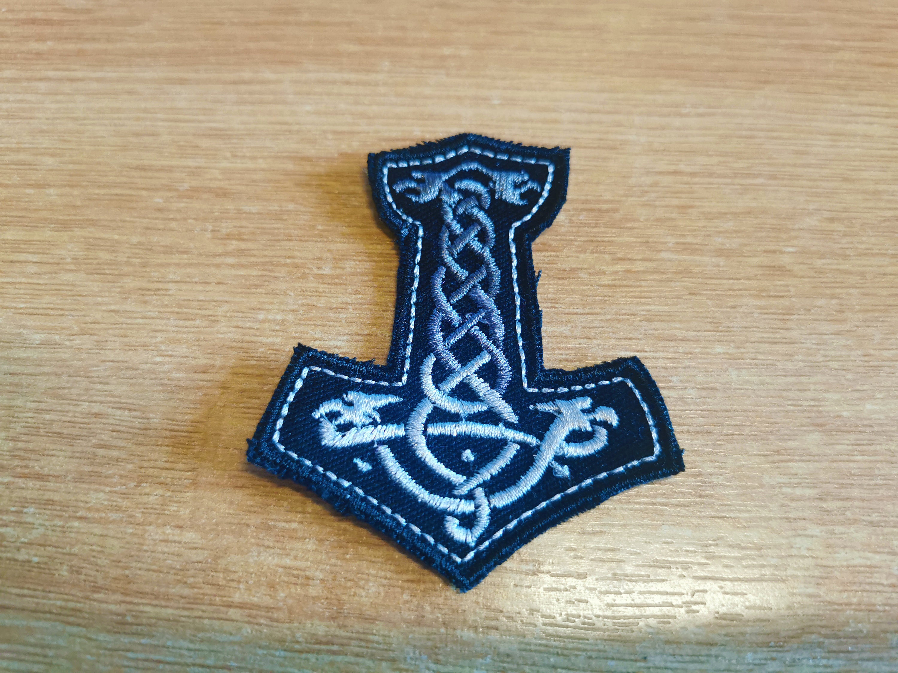 Silver Fade Mjolnir Iron on Embroidered Patch Viking Norse Mythology ...