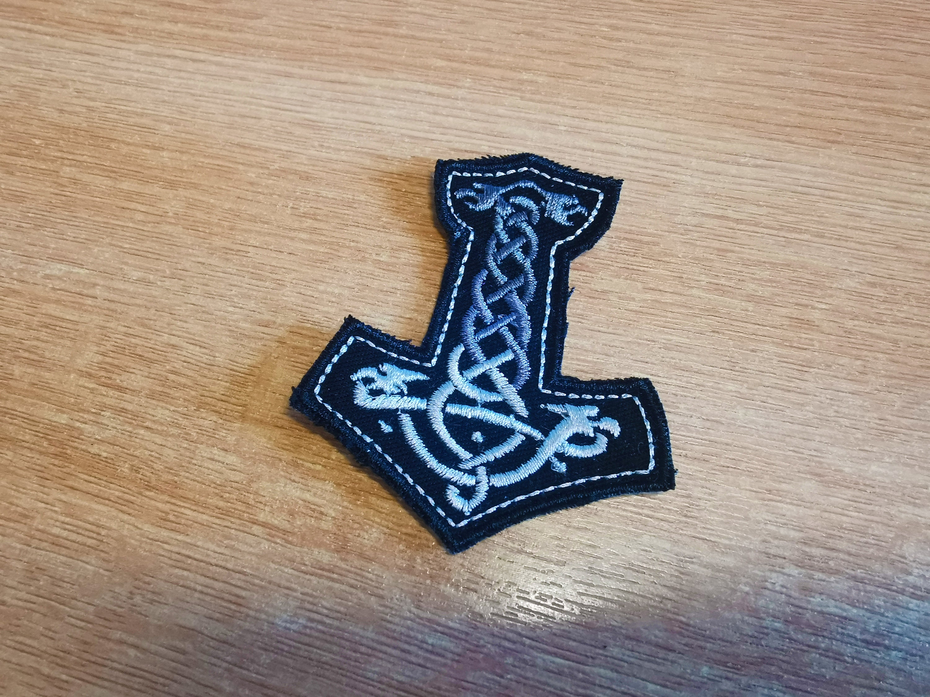 Silver Fade Mjolnir Iron on Embroidered Patch Viking Norse Mythology ...