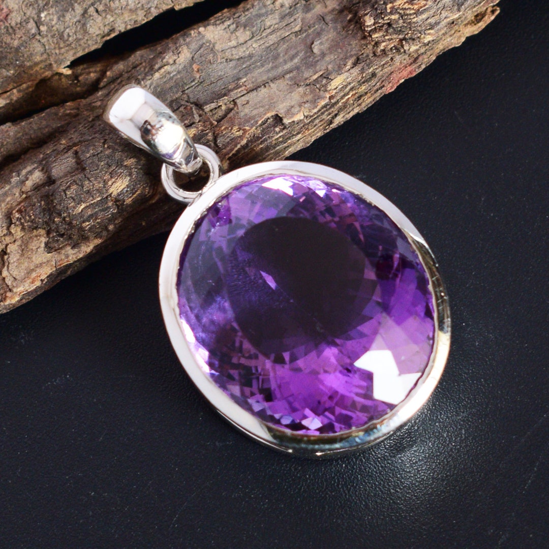 Oval Amulet, Natural Amethyst Pendant-handmade 925 Sterling Silver ...