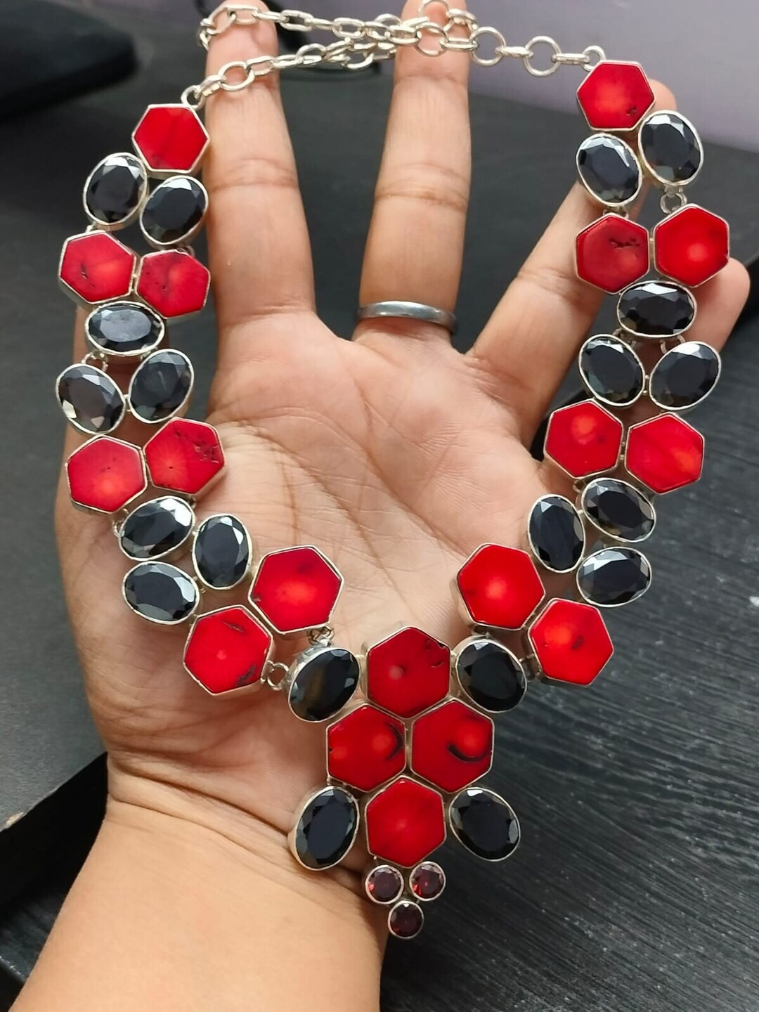 Natural Coral HEXAGON Necklace, Taiwan Dyed Coral, Statement Necklace ...