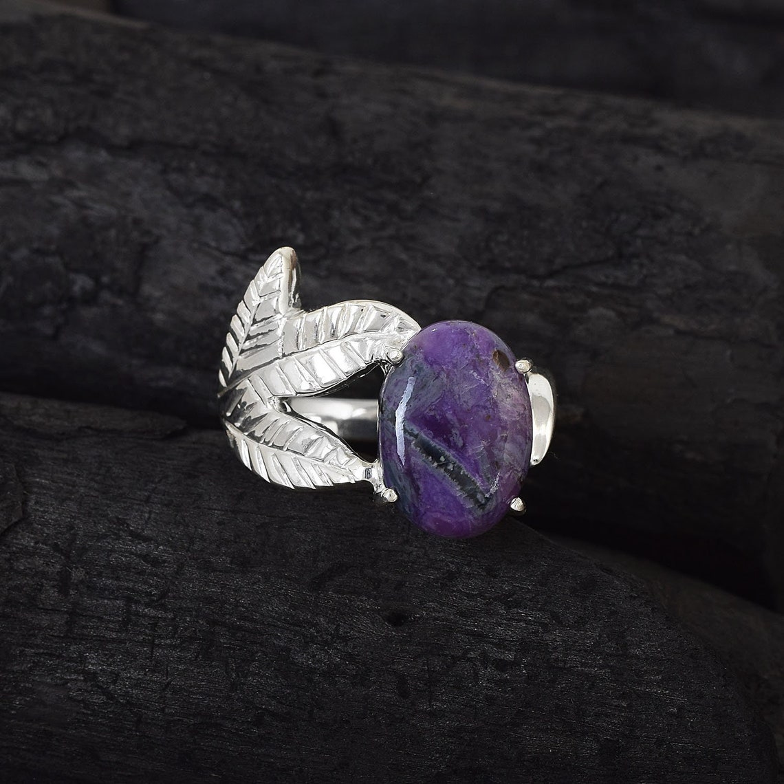 Genuine Sugilite Ring 925 Sterling Silver Birthstone Leaf - Etsy