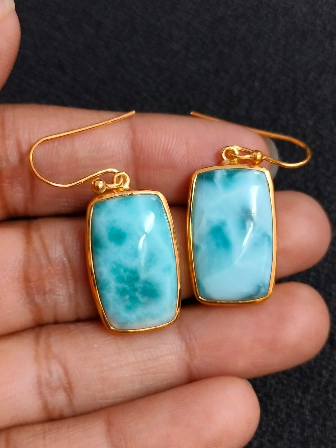 Rectangle Natural Dominican Larimar Gemstone, 925 Sterling Silver Earrings Dangle Hook, Jewelry ...
