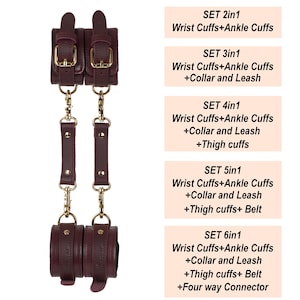 Leather Bondage Harness Set, BDSM Restraints With Collar, Leash, Cuffs ...