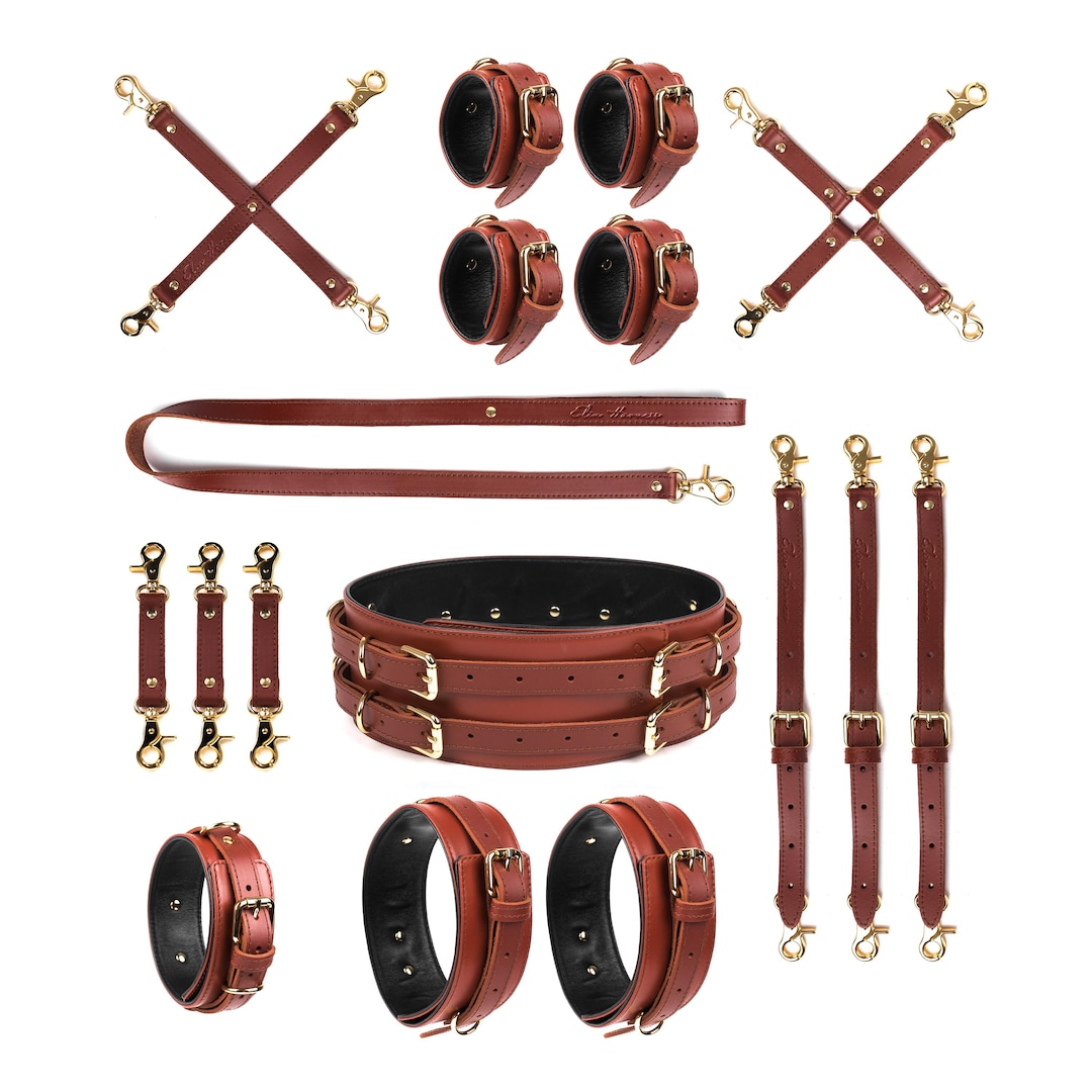 Brown Full Body Bondage Kit, Leather Harness Bondage Set With Wrist and ...
