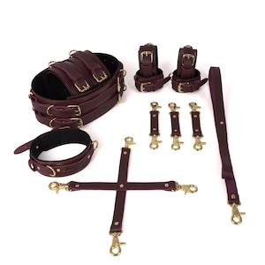 Leather Bondage Harness Set, BDSM Restraints With Collar, Leash, Cuffs ...