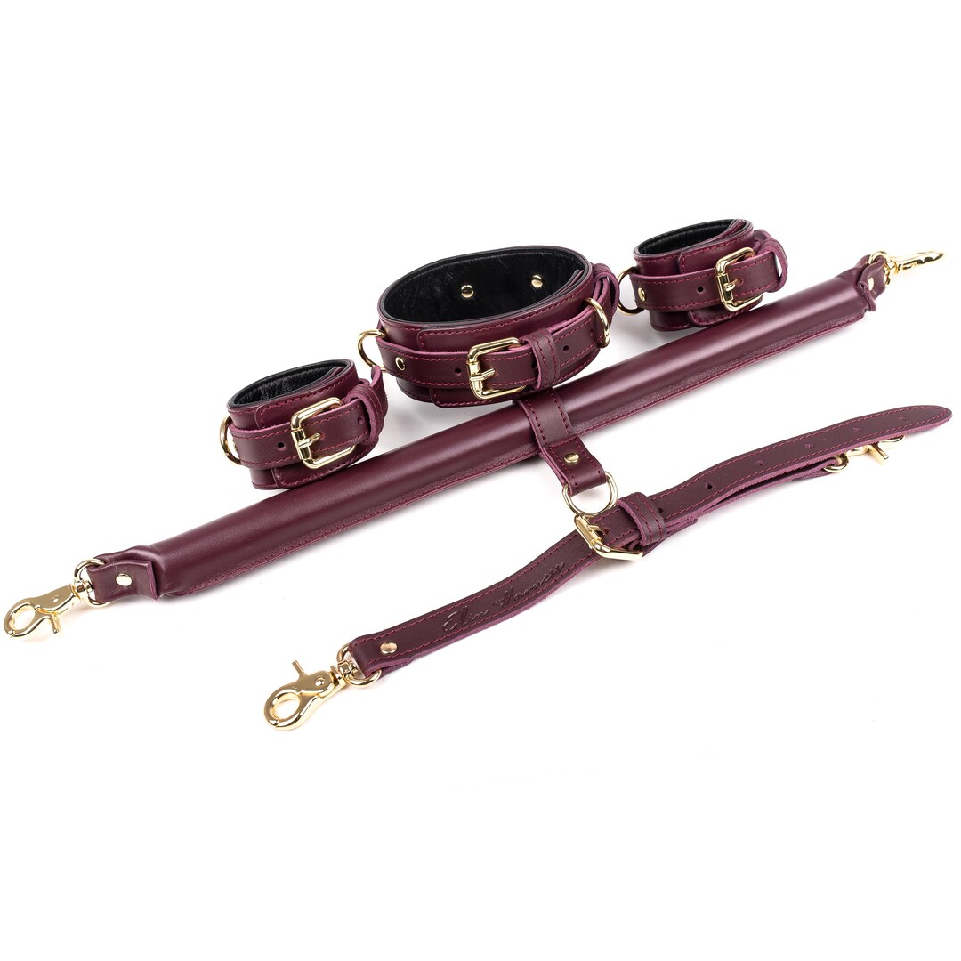 Burgundy Leather 3-point Spreader Bar Set – Restraint Kit With Cuffs ...