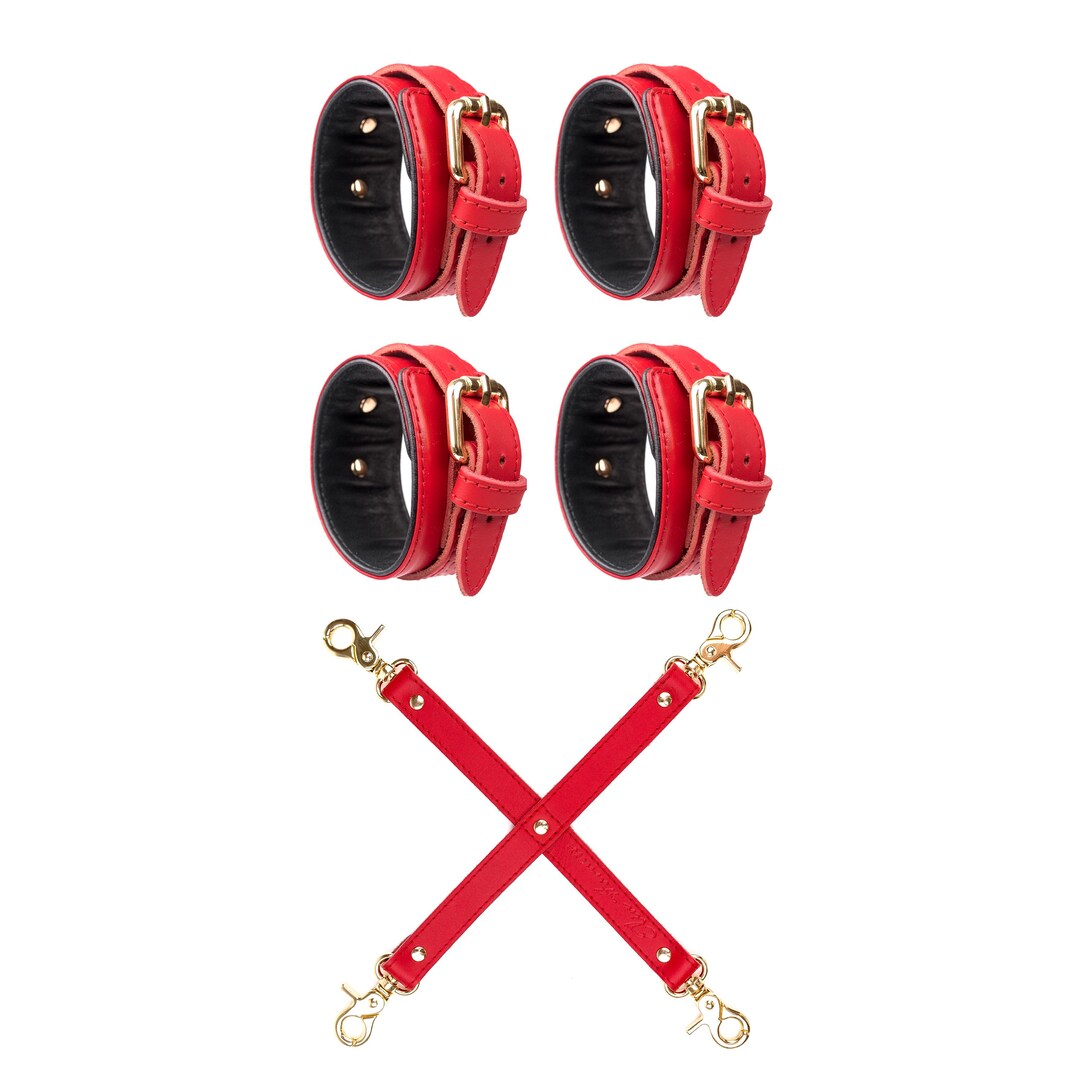 Red Cuffs Set With 4-way Strap Connector, Leather Set 3 in 1, Handcuffs ...