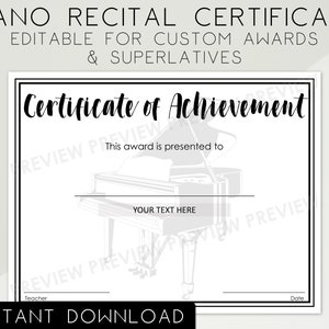 Piano Recital Certificate Editable & Printable Great for - Etsy