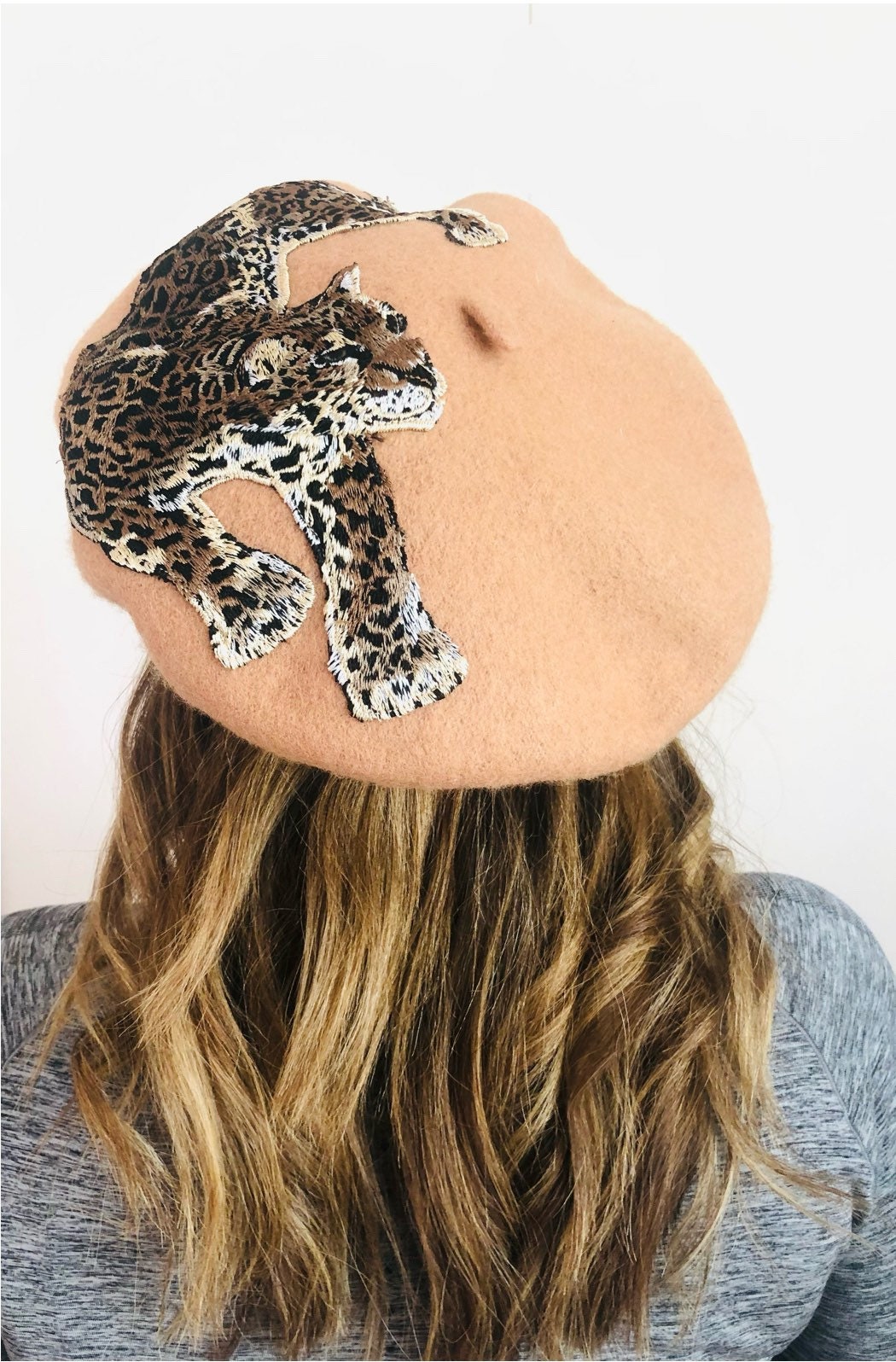 Camel/cream / Black Appliquéd/ Embroidered Leopard Beret - Etsy UK