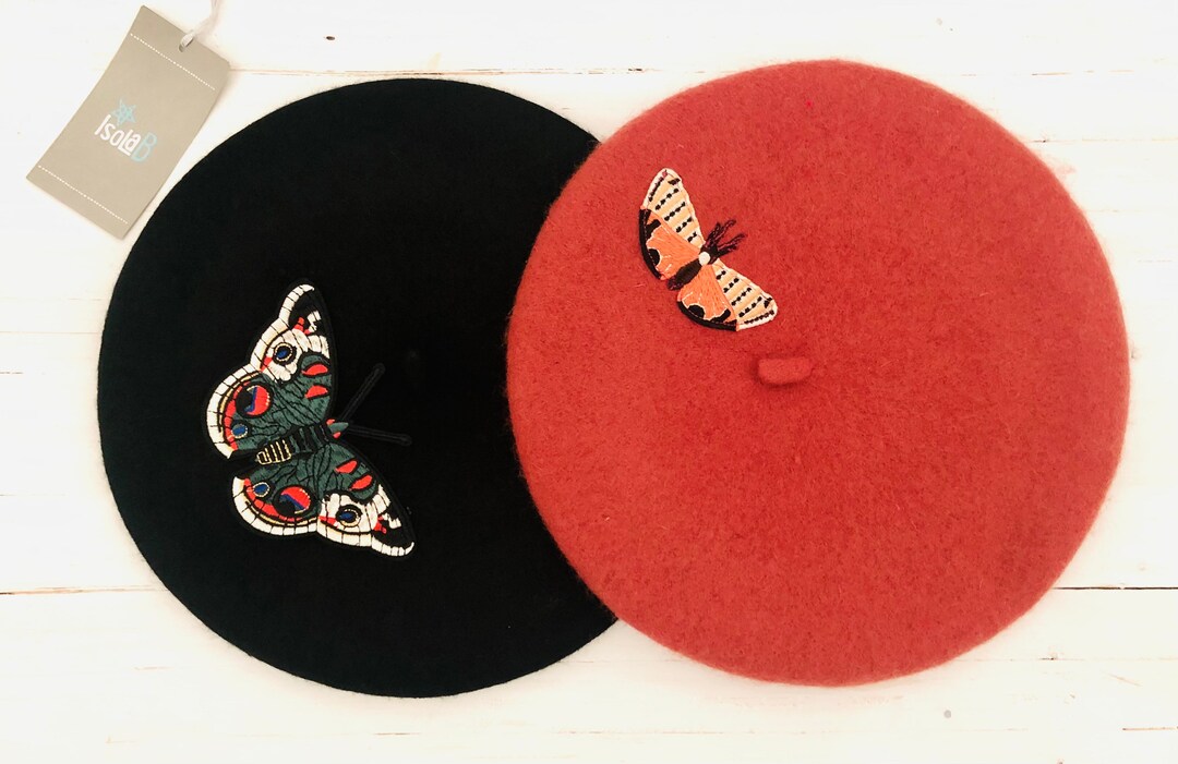 Rust Orange/ Black Appliquéd, Embroidered Butterfly Beret, Pin-up Style ...