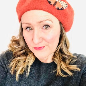 Rust Orange/ Black Appliquéd, Embroidered Butterfly Beret, Pin-up Style ...