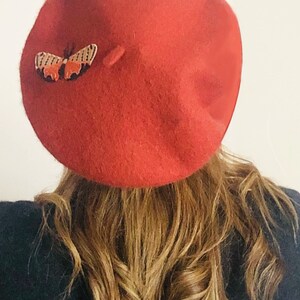 Rust Orange/ Black Appliquéd, Embroidered Butterfly Beret, Pin-up Style ...