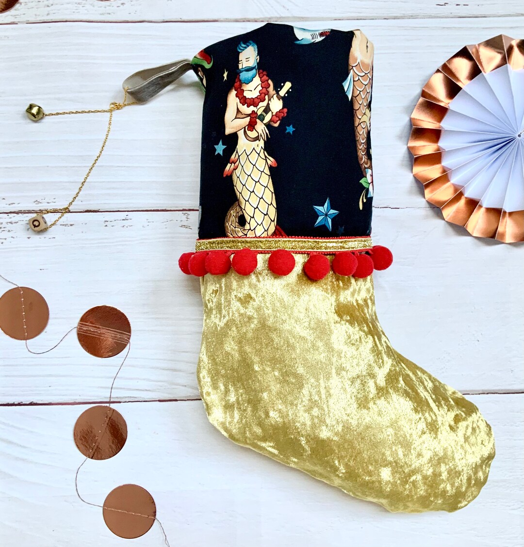 Gold Velvet, Mermaid or Merman Fabric Design, Christmas Stocking ...