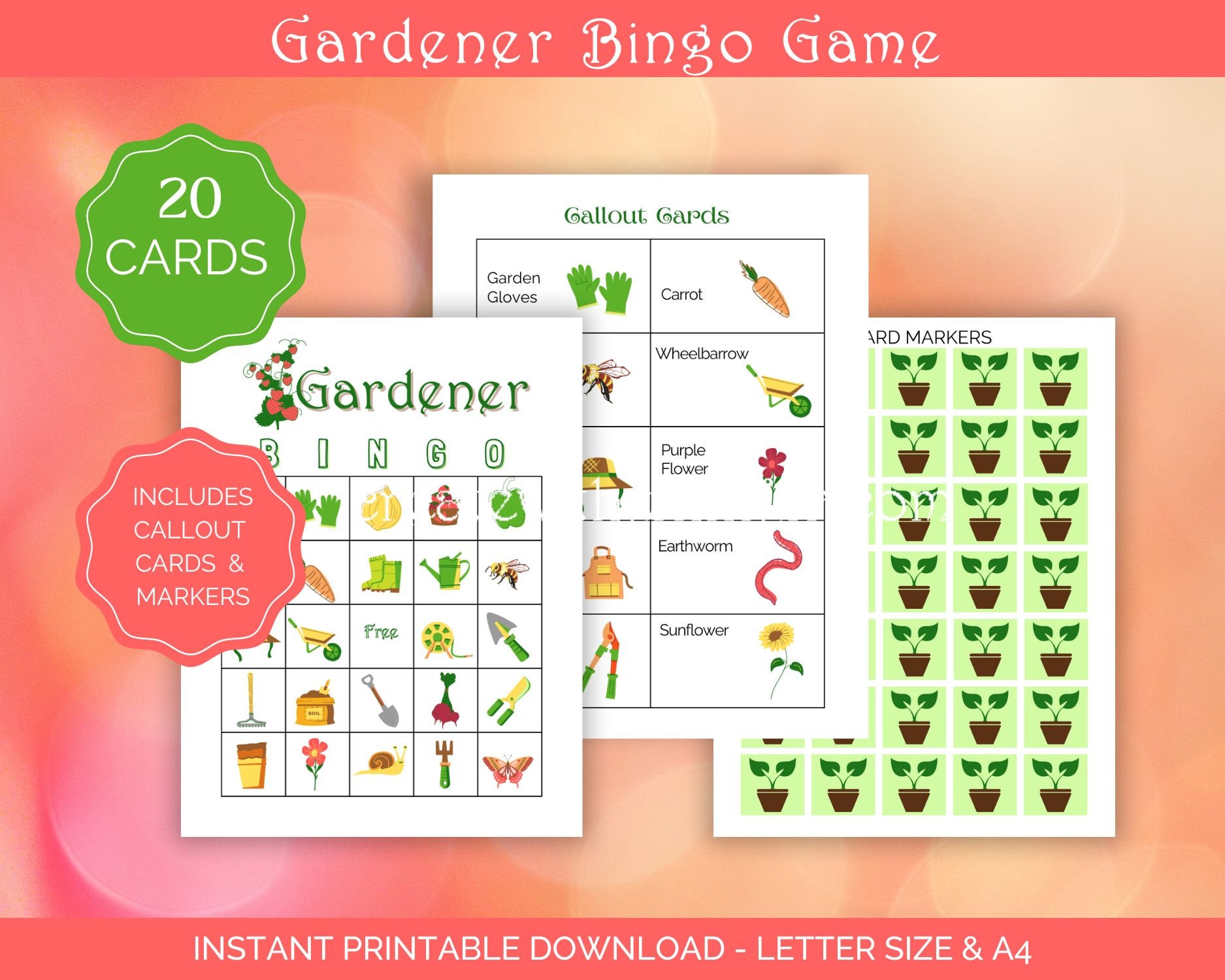 Printable Gardener Themed Bingo Game -includes Game Cards, Callout ...
