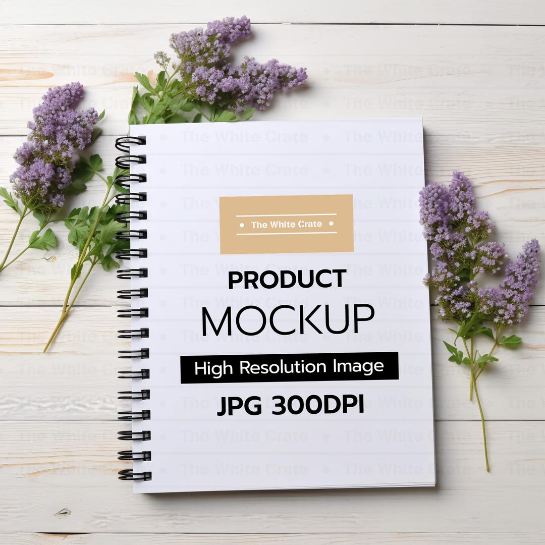 Spiral Notebook Mockup Flat Lay With Flowers on Wood Background ...