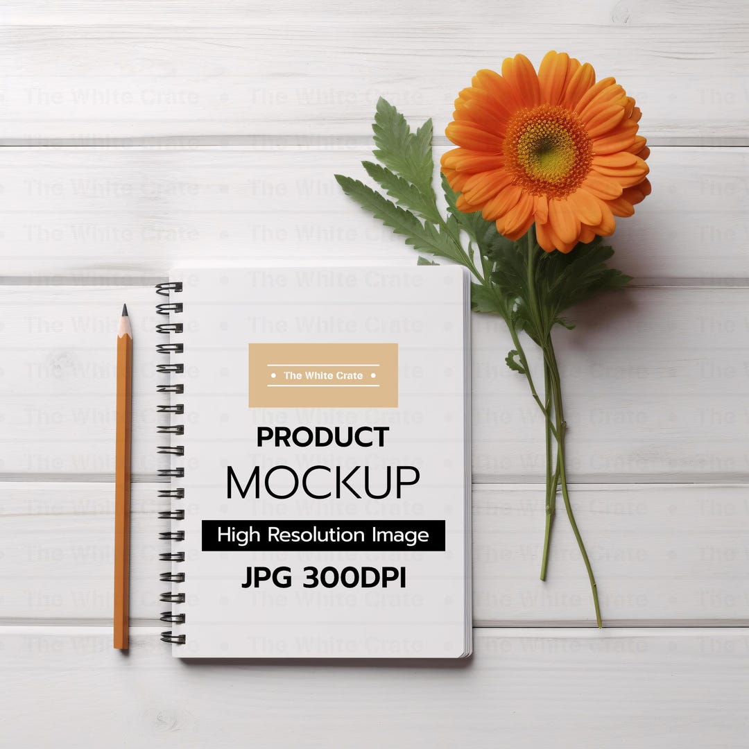 Spiral Notebook Mockup Flat Lay Orange Flower on Wood Background ...