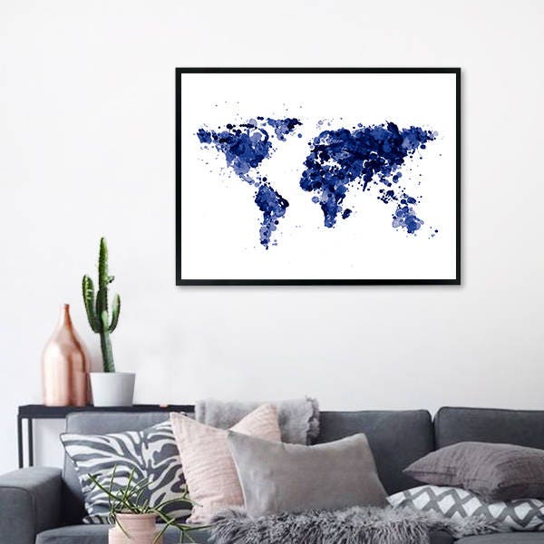 Watercolour World Map Print Blue Tones Painting Drops World - Etsy