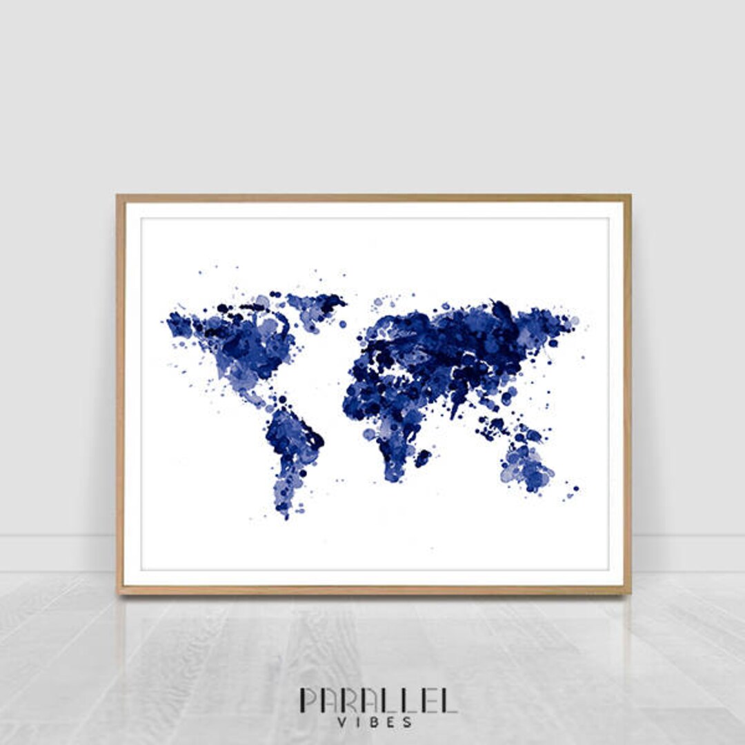 Watercolour World Map Print, Blue Tones Painting Drops, World Map Wall ...