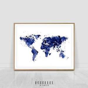 Watercolour World Map Print, Blue Tones Painting Drops, World Map Wall ...