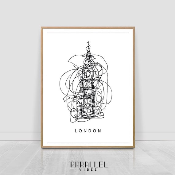 London England Hand Drawn Line Art Big Ben Tower Print | Etsy
