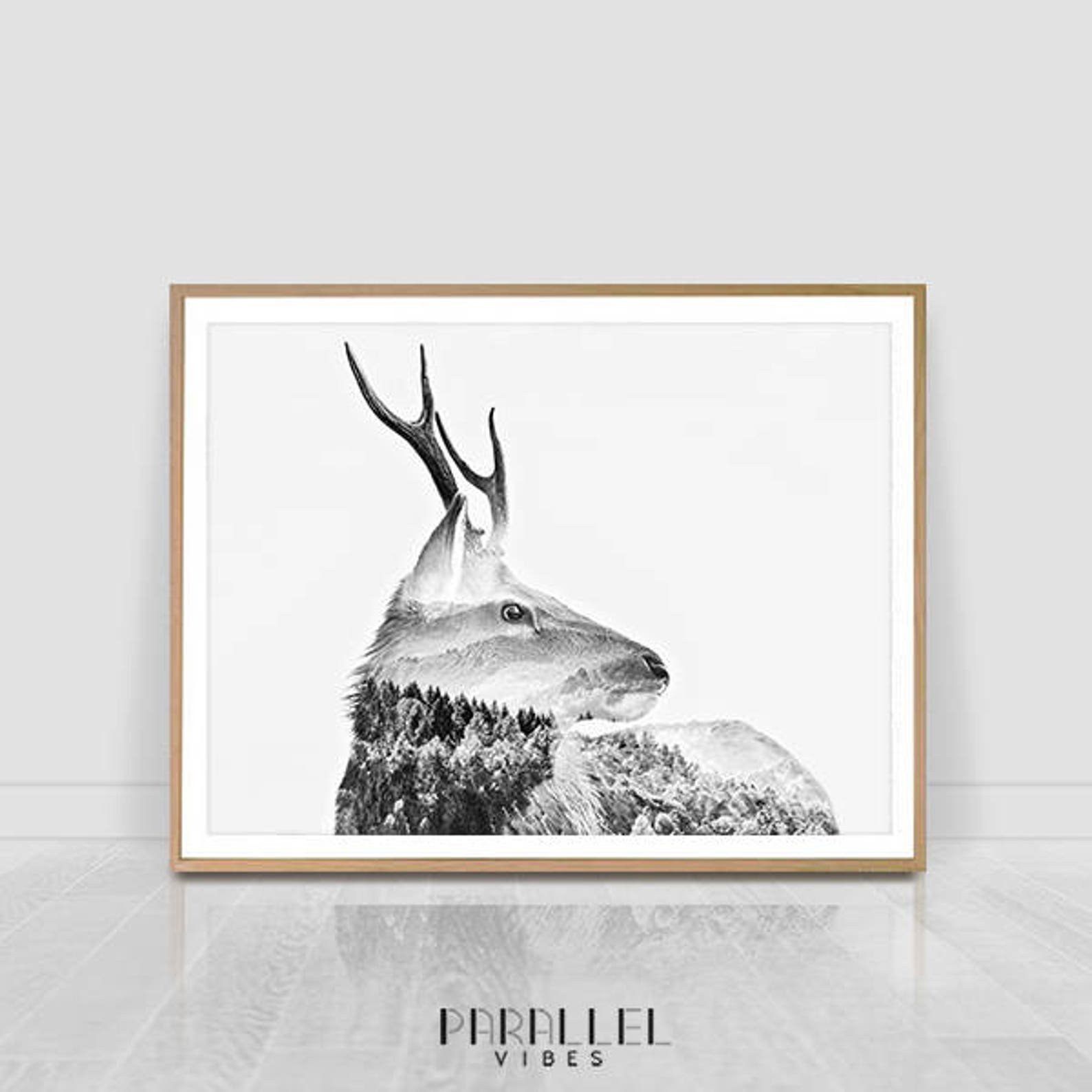 Deer Print Double Exposure Poster Woodland Animal Art - Etsy