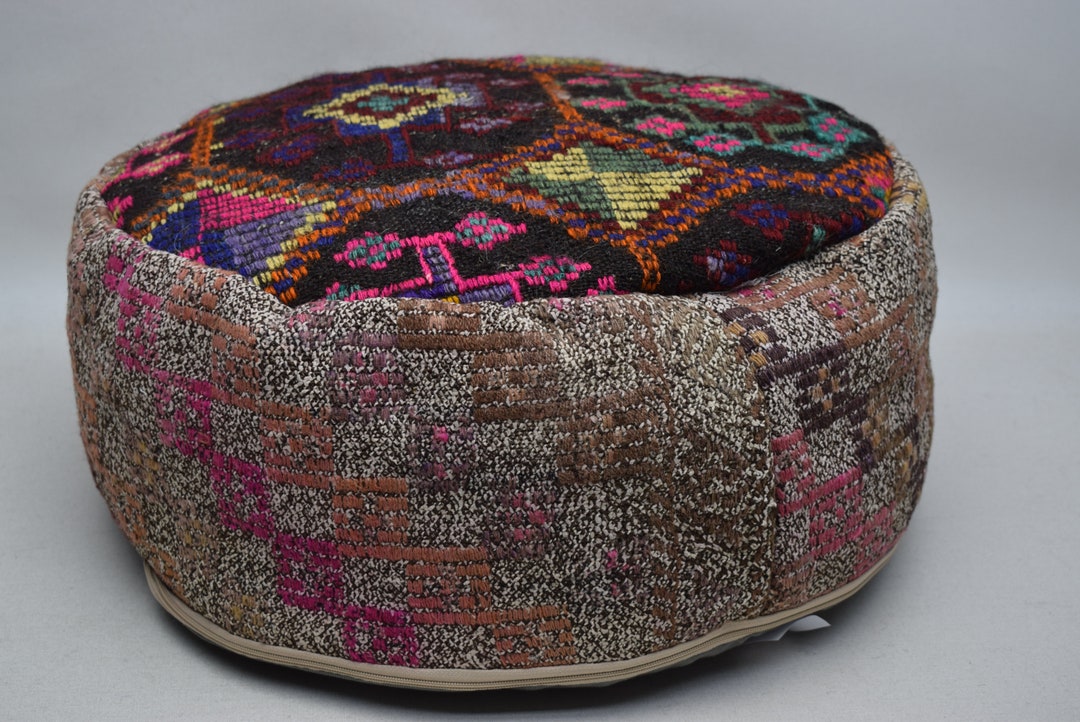 Turkish Kilim Pouf Cover, Ottoman Round Pouf, Kilim Beanbag, Handwoven ...