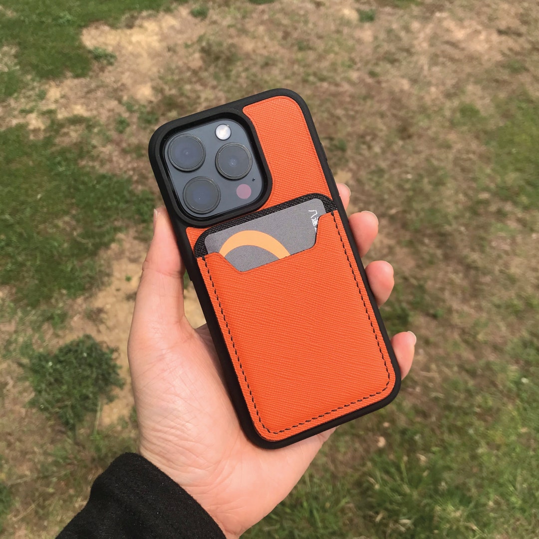 IPhone Case | Orange Saffiano | Magsafe Wallet | Strong Magnetic Card ...