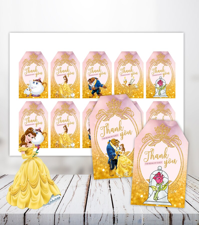 Belle birthday tags printable Beauty and The Beast thank you | Etsy