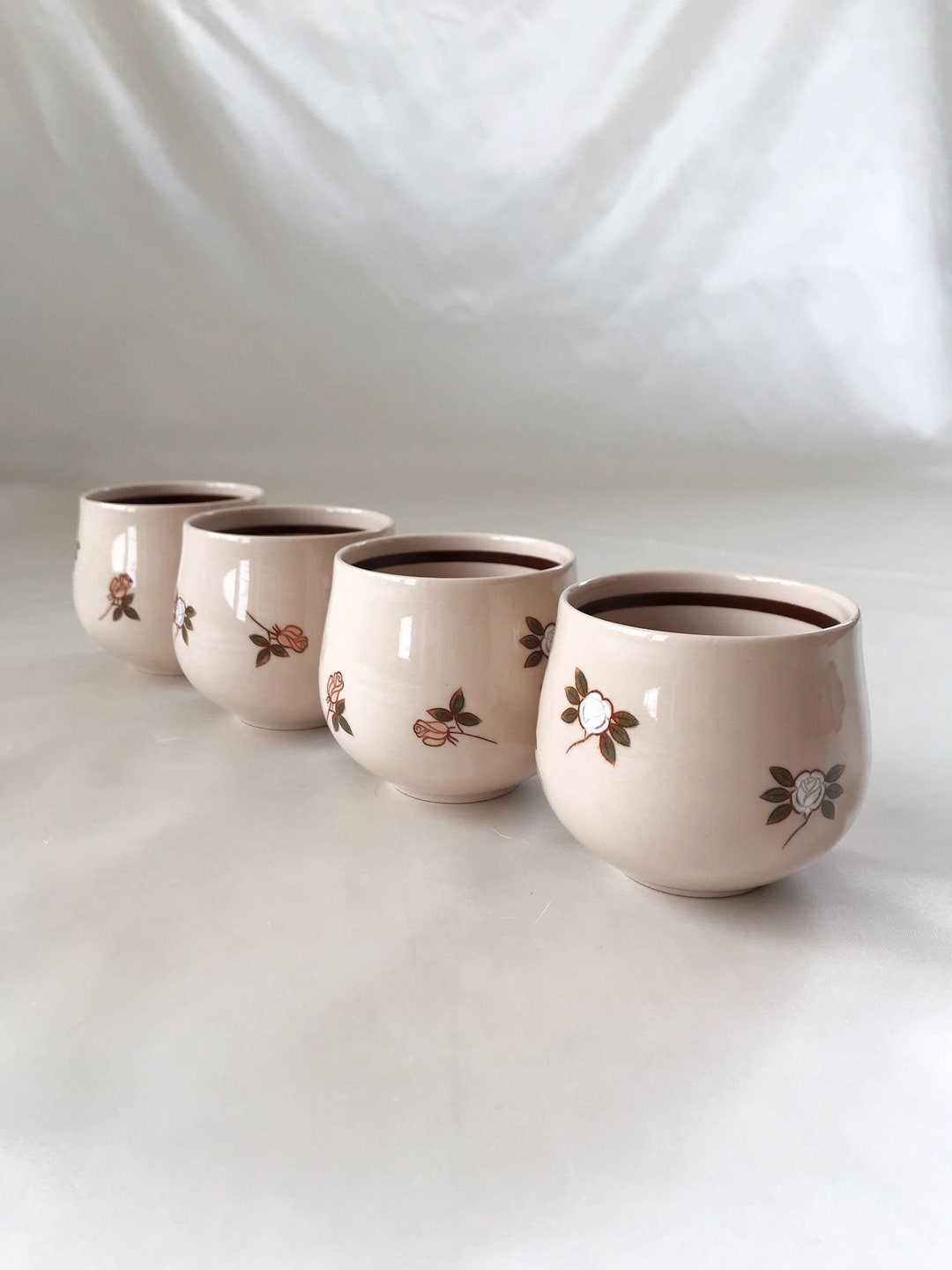4 Tan Japanese Tea Cups, Yumoni Cups, Rose Floral Cups, Japanese Cups ...