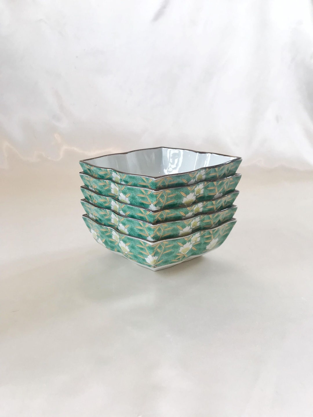 Set of 5 Diamond Shaped Ceramic Bowls, Japanese Ceramic Bowls, Green ...