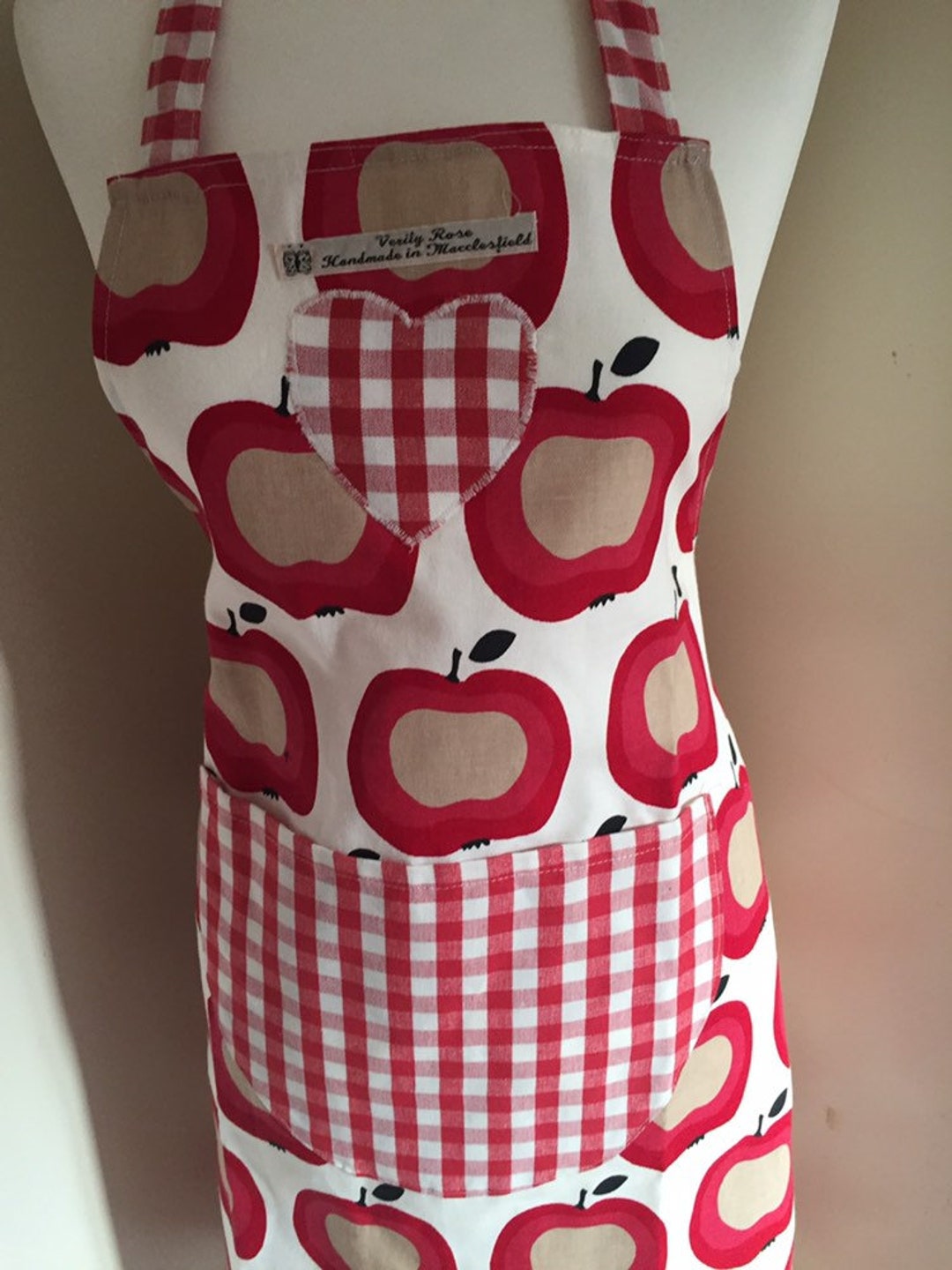 Red Apple Adult Apron, Red Check, Apron With Pocket, Kitchen Apron ...