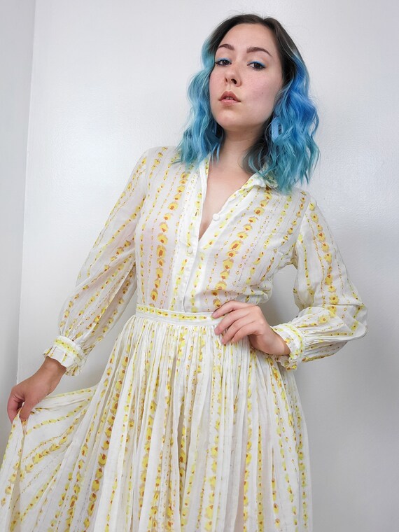 Vintage 70s Alex Colman Yellow Floral Print Two Piece… - Gem