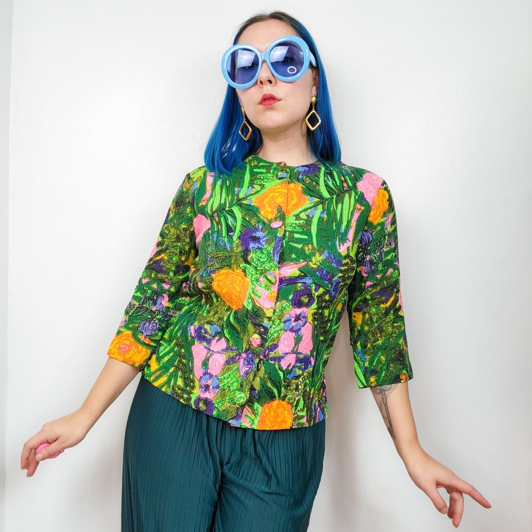 Vintage 1960s Rhoda Lee Retro Green Floral Print Shacket / Blouse - Etsy