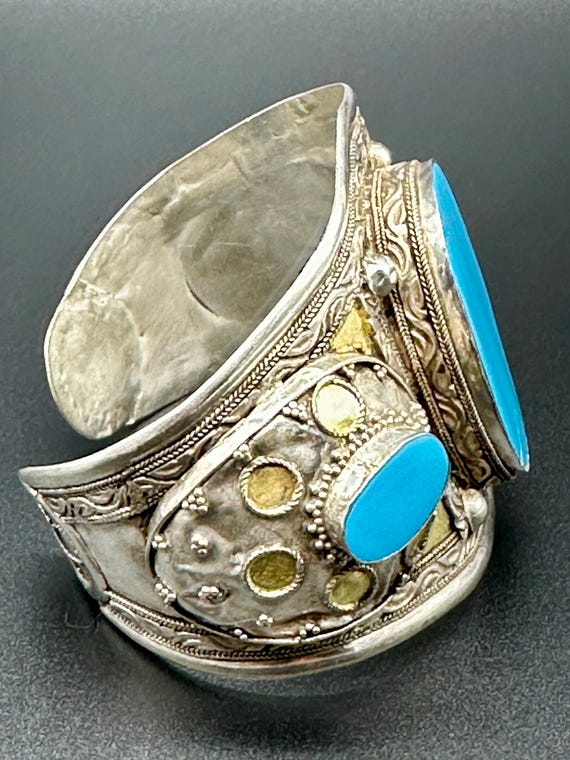 Antique Silver & Gold Inlay Russian Turquoise Cuff Br… - Gem